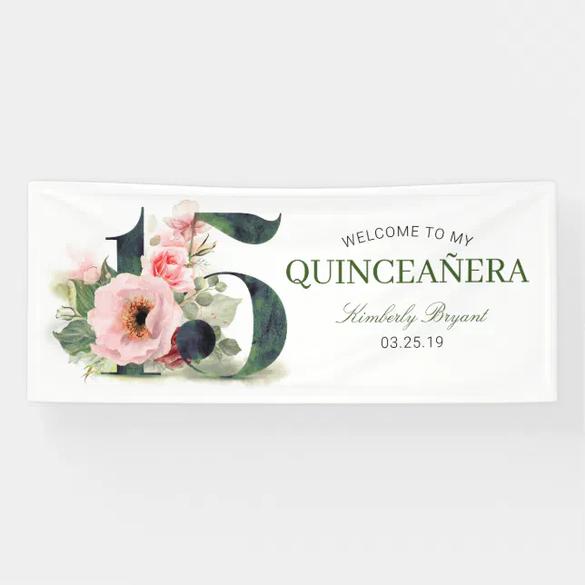 Floral Elegant Quinceanera 15th Birthday Banner | Zazzle