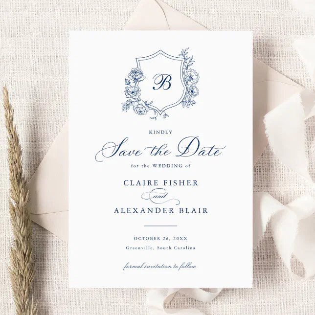 Floral Elegant Roses Crest Monogram Save the Date Invitation | Zazzle