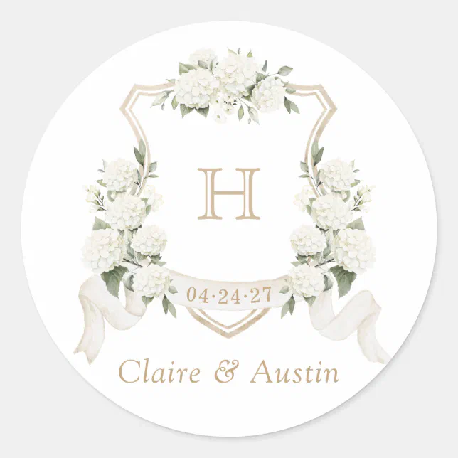 Floral Elegant White Hydrangea Crest Envelope Classic Round Sticker ...