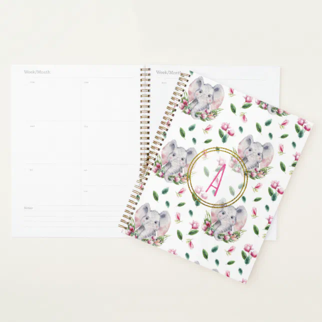 Floral ELEPHANT Monogram Girl Pink Bedroom Nursery Planner | Zazzle