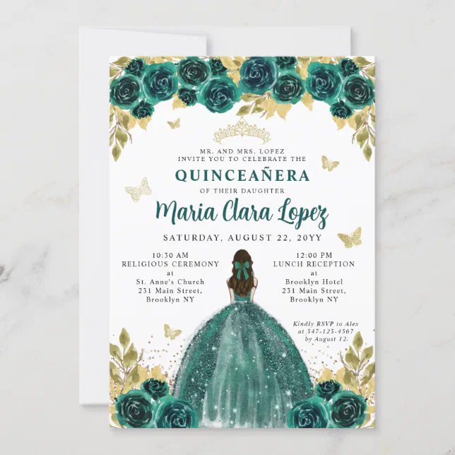 Floral Emerald Gold Butterfly Princess Quinceanera Invitation | Zazzle