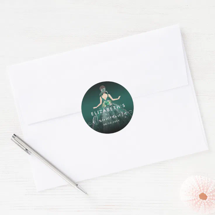 Floral Emerald Green Dress Birthday Quinceanera Classic Round Sticker ...