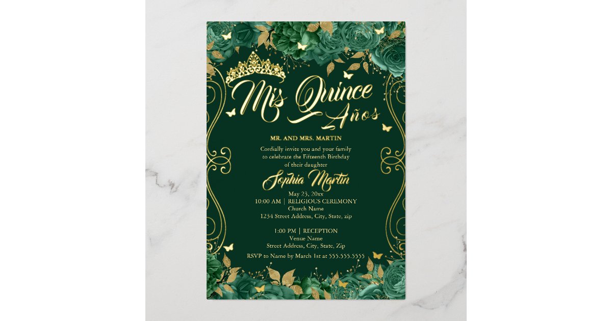 Floral Emerald Scroll Mis Quince Quinceanera Foil Invitation | Zazzle