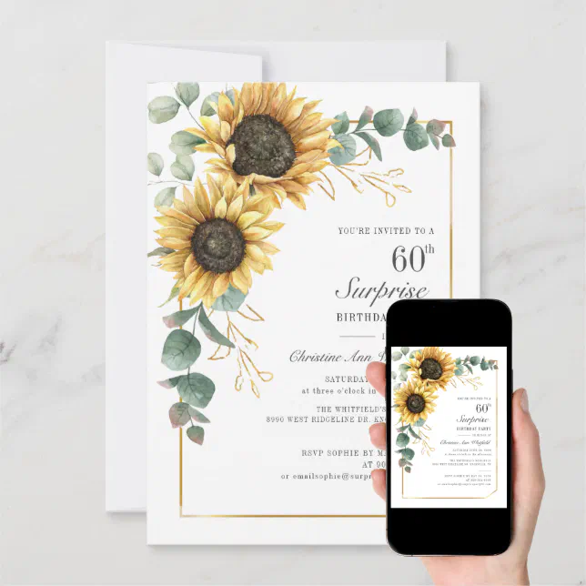 Floral Eucalyptus Sunflower 60th Birthday Party Invitation | Zazzle