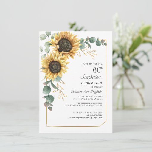 Floral Eucalyptus Sunflower 60th Birthday Party Invitation | Zazzle