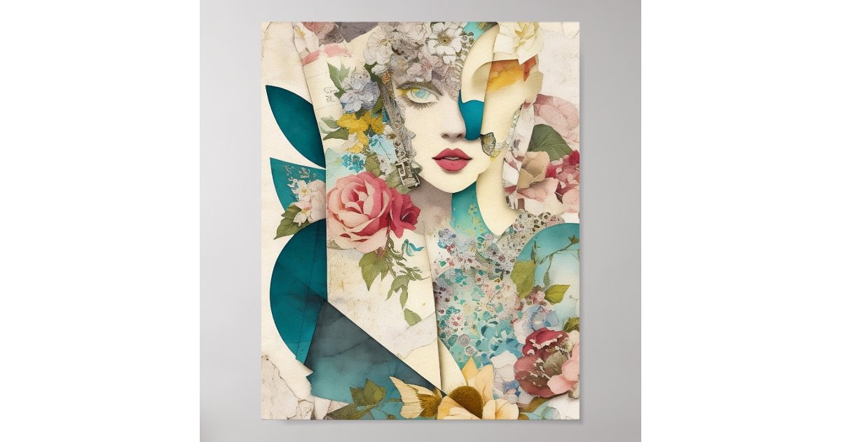 Floral Face Mixed Media Collage Ephemera Decoupage Poster | Zazzle