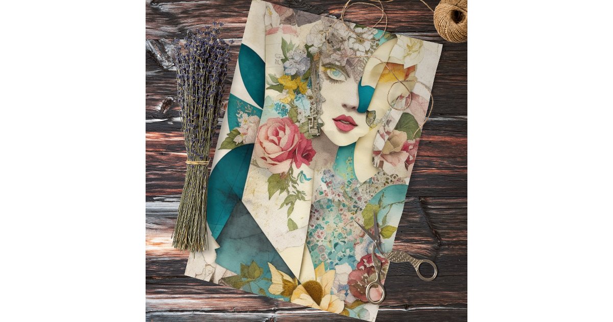Floral Face Mixed Media Collage Ephemera Decoupage Tissue Paper | Zazzle