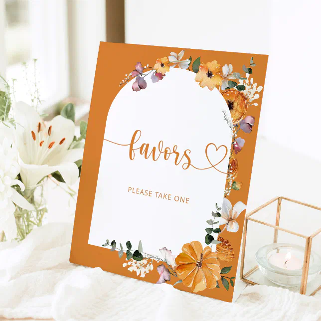 Floral fall arch pumpkin Favor please take one Pedestal Sign | Zazzle