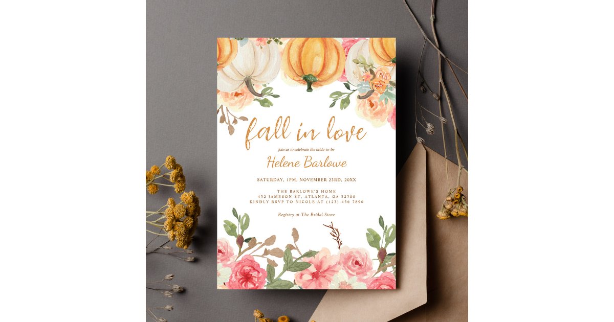 Floral Fall In Love Pumpkin Bridal Shower Invitation | Zazzle