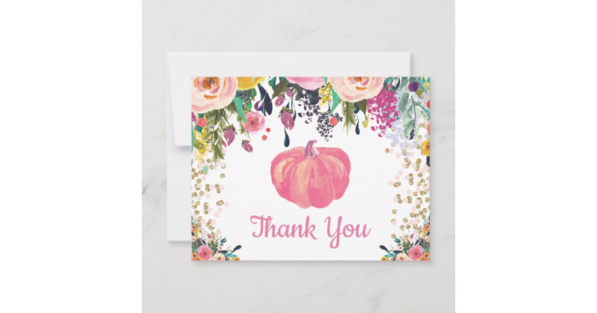 Floral Fall Pumpkin Pink Gold Glitter Confetti Thank You Card | Zazzle