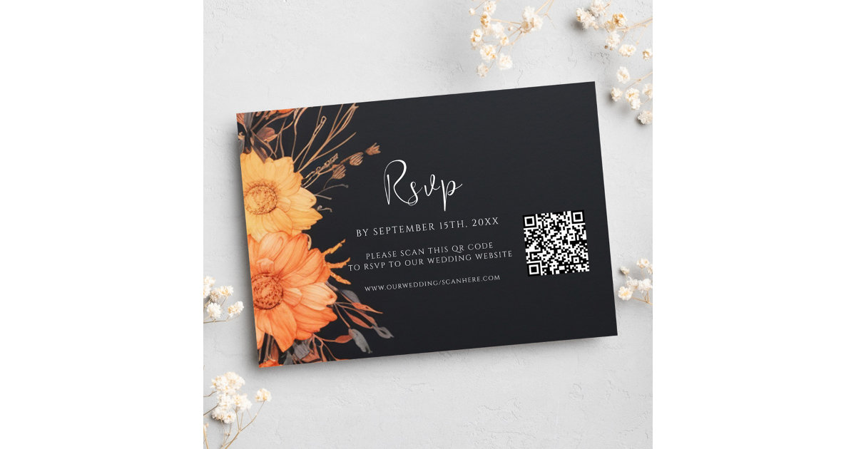 Floral Fall QR Code Black Wedding RSVP Card | Zazzle