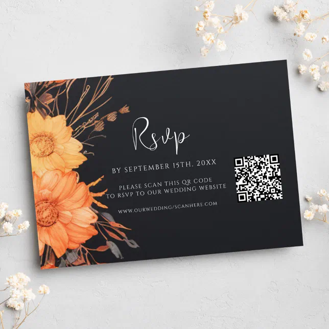 Floral Fall QR Code Black Wedding RSVP Card | Zazzle