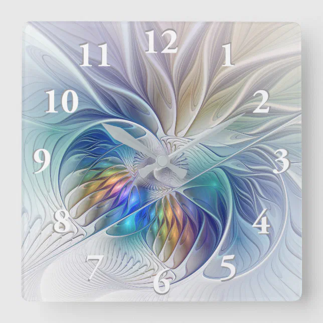 Floral Fantasy, Colorful Abstract Fractal Flower Square Wall Clock | Zazzle