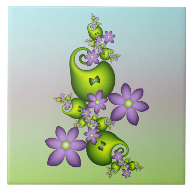 Floral Fantasy Lilac Flowers Green Shapes Fractal Ceramic Tile | Zazzle