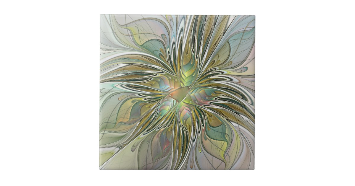 Floral Fantasy Modern Fractal Art Flower With Gold Ceramic Tile | Zazzle