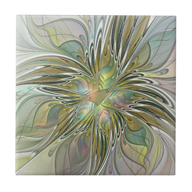 Floral Fantasy Modern Fractal Art Flower With Gold Ceramic Tile | Zazzle