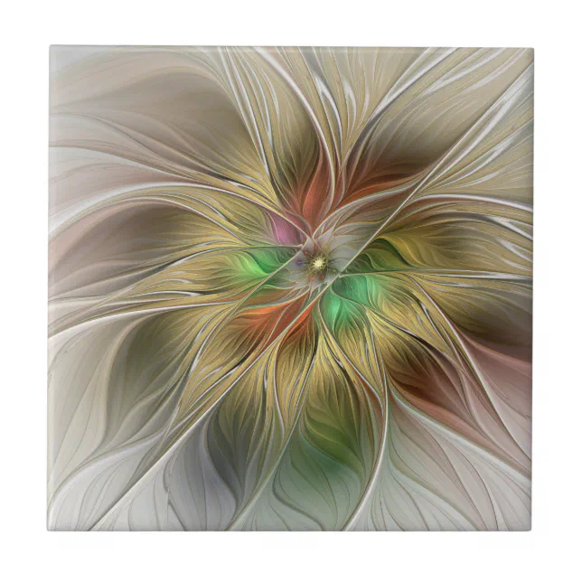 Floral Fantasy With Gold Modern Abstract Fractal Ceramic Tile | Zazzle