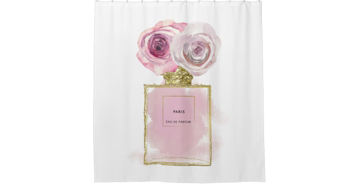 Floral Fashion Perfume Bottle Pink Roses Gold Glam Shower Curtain | Zazzle