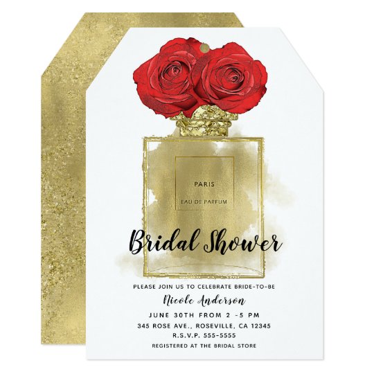 Floral Fashion Perfume Bottle Red Roses Gold Glam Invitation | Zazzle.com