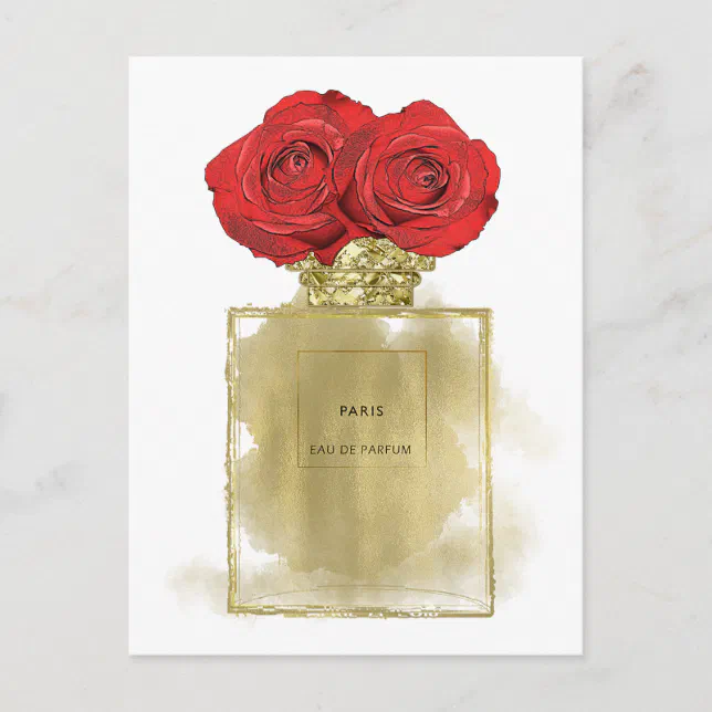 Floral Fashion Perfume Bottle Red Roses Gold Glam Postcard | Zazzle
