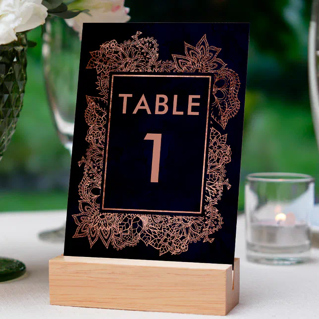 Floral faux rose gold navy blue watercolor table table number | Zazzle