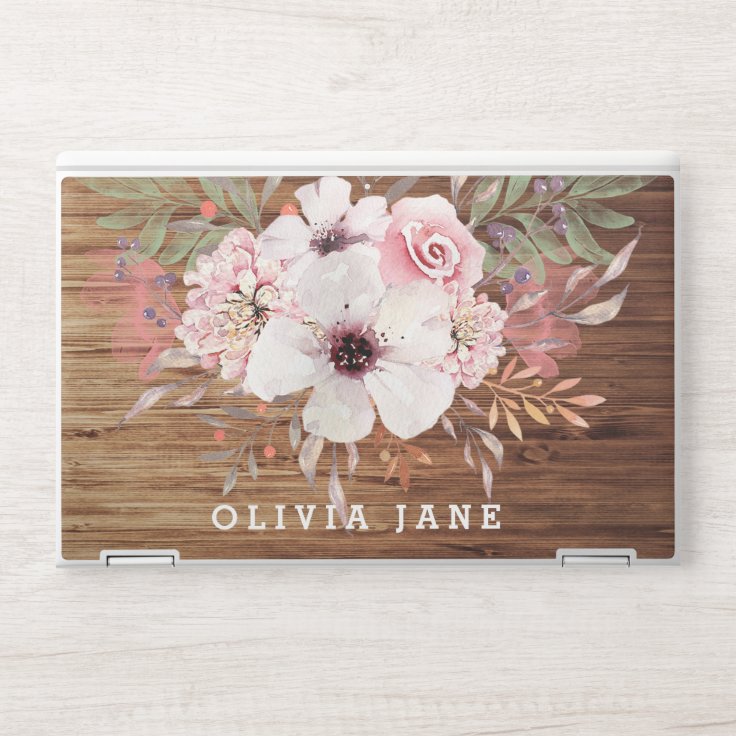 Floral Faux Wood HP Laptop Skin | Zazzle