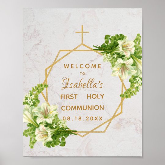 Floral First Communion Gold Marble Lilies Welcome Poster | Zazzle.com