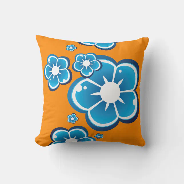 Floral Flower Blue Orange Pattern Throw Pillow | Zazzle
