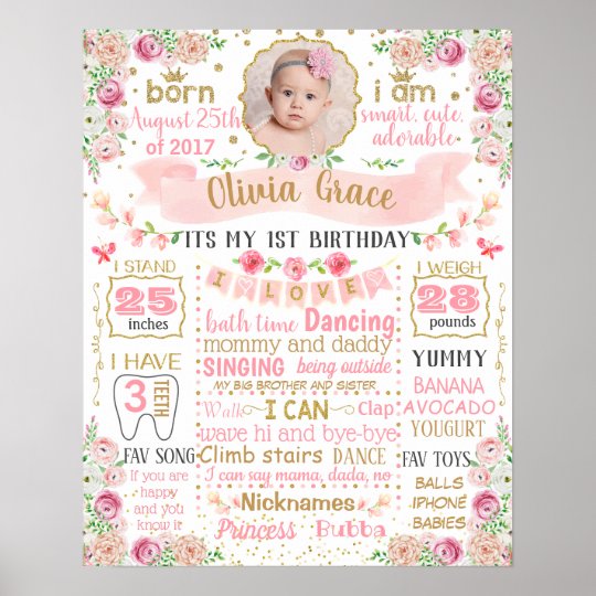 Floral Flowers First Birthday sign with photo | Zazzle.com
