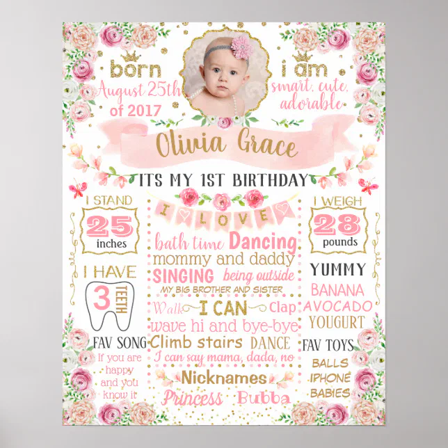 Floral Flowers First Birthday sign with photo | Zazzle