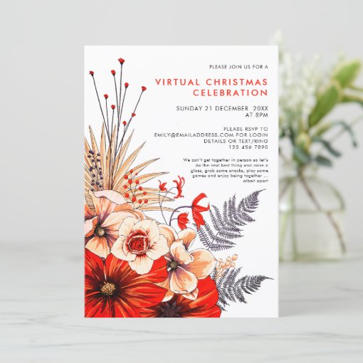 Floral Foliage Berries Virtual Christmas Party Invitation | Zazzle