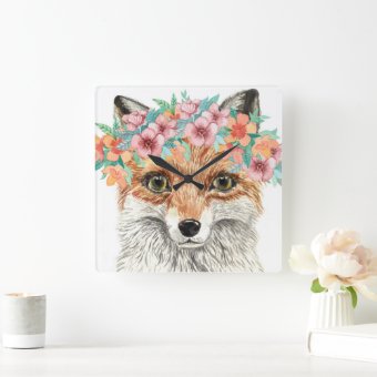 Floral Fox Square Wall Clock | Zazzle