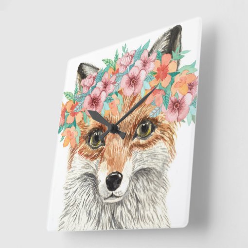 Floral Fox Square Wall Clock | Zazzle