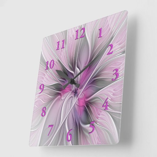 Floral Fractal Modern Abstract Flower Pink Gray Square Wall Clock | Zazzle