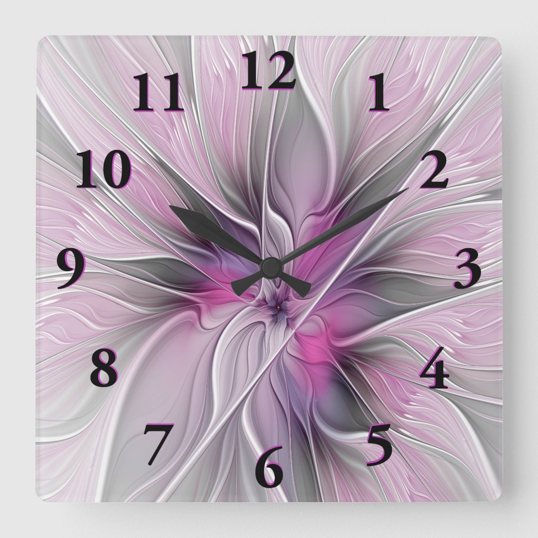Floral Fractal Modern Abstract Flower Pink Gray Square Wall Clock | Zazzle