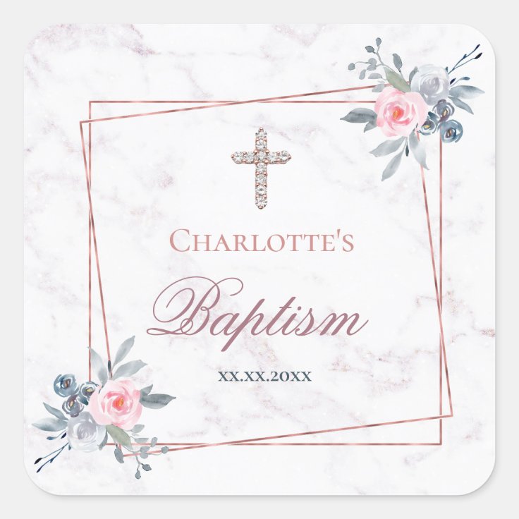 floral frame Baptism girl Square Sticker | Zazzle