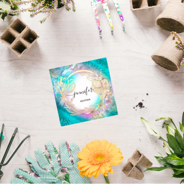 Floral Frame QR Code Logo Gold Blue Pink Square Business Card | Zazzle