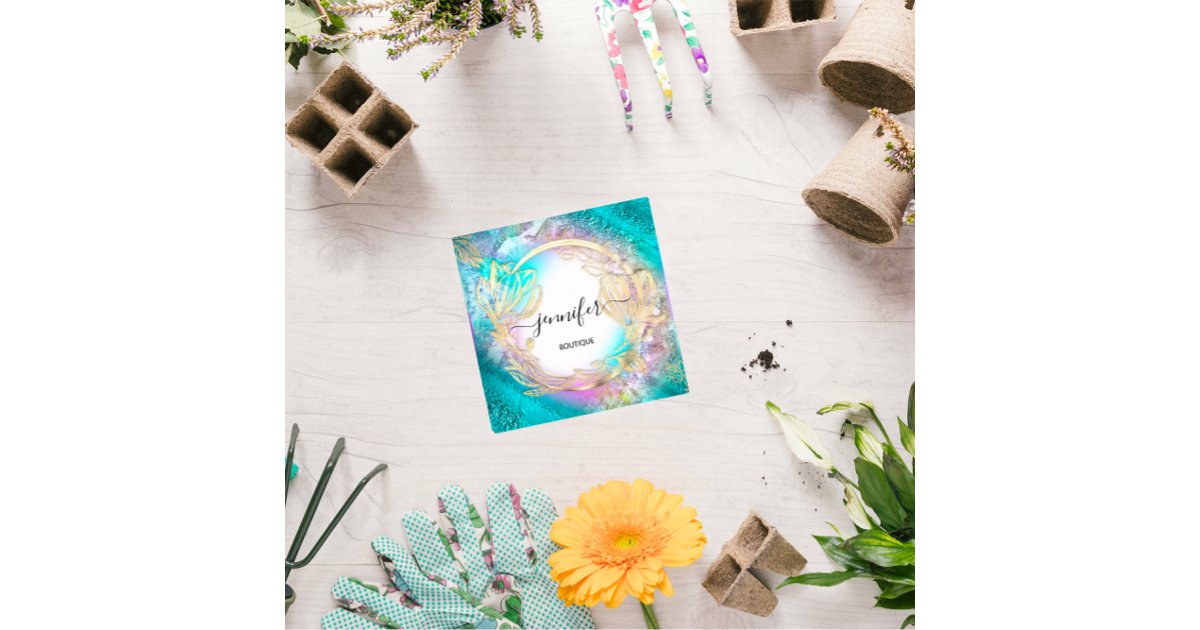 Floral Frame QR Code Logo Gold Blue Pink Square Business Card | Zazzle