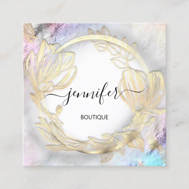 Floral Frame QR Code Logo Gold Gray Abstract Square Business Card | Zazzle