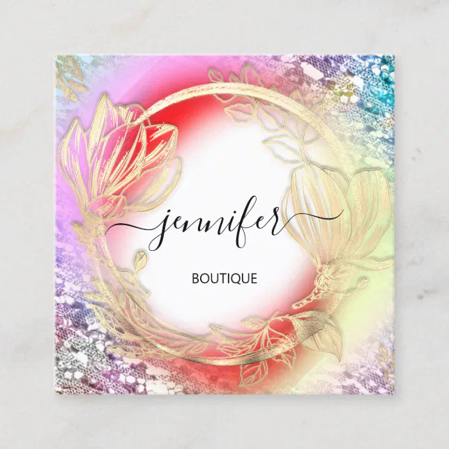 Floral Frame QR Code Logo Gold Holographic Square Business Card | Zazzle