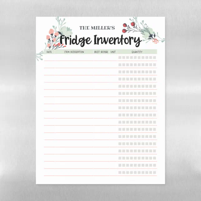 Floral Fridge Inventory Green Magnetic Dry Erase Sheet | Zazzle
