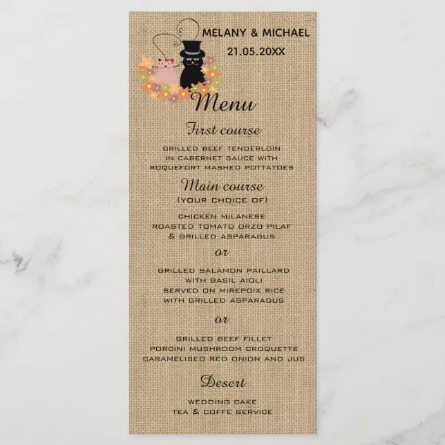 Floral funny cartoon cats in love burlap menu card | Zazzle