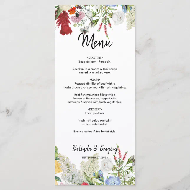 Floral Garden Colorful Flowers Wedding Menu | Zazzle