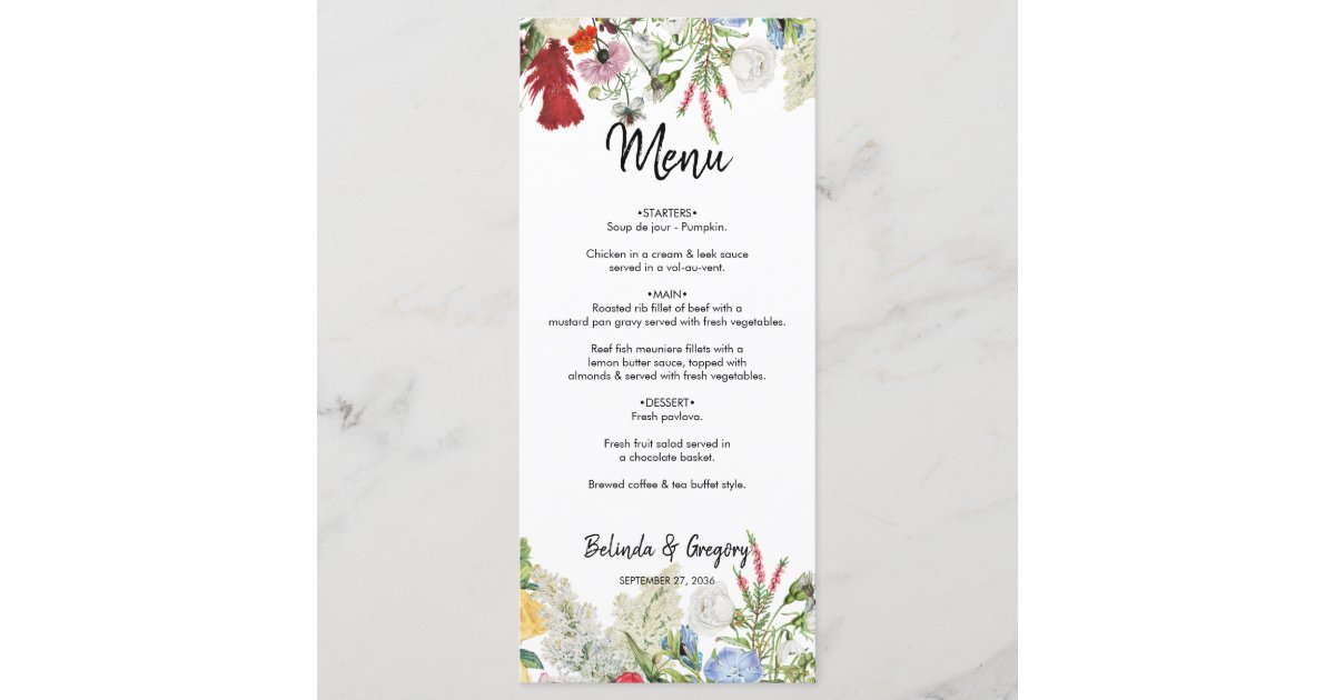 Floral Garden Colorful Flowers Wedding Menu | Zazzle