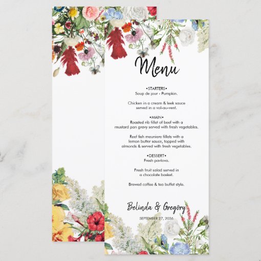 Floral Garden Colorful Flowers Wedding Menu | Zazzle
