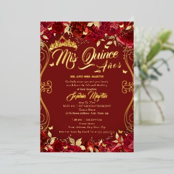 Floral Garden Scroll Ruby Mis Quince Quinceanera Foil Invitation | Zazzle