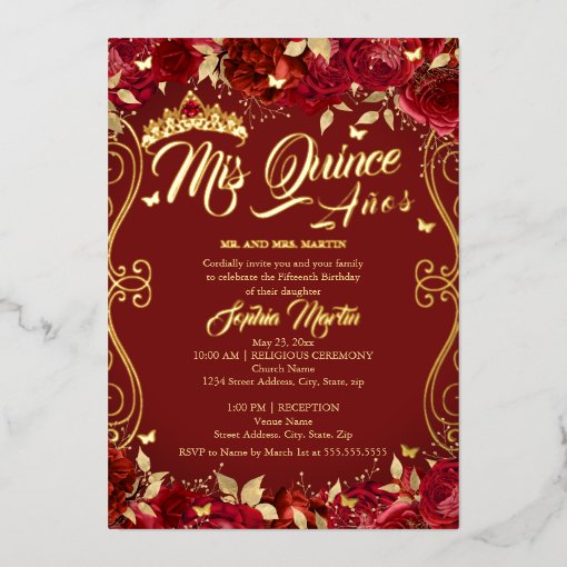 Floral Garden Scroll Ruby Mis Quince Quinceanera Foil Invitation | Zazzle