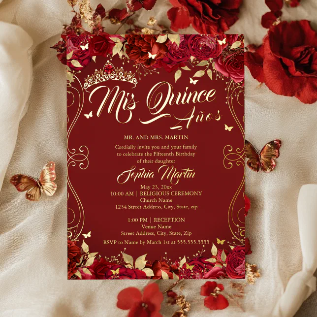 Floral Garden Scroll Ruby Mis Quince Quinceanera Foil Invitation | Zazzle
