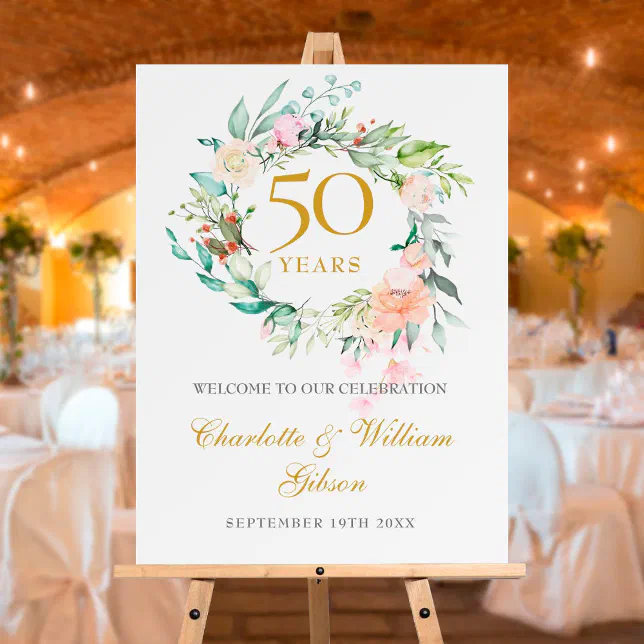 Floral Garland 50th Anniversary Welcome Sign | Zazzle