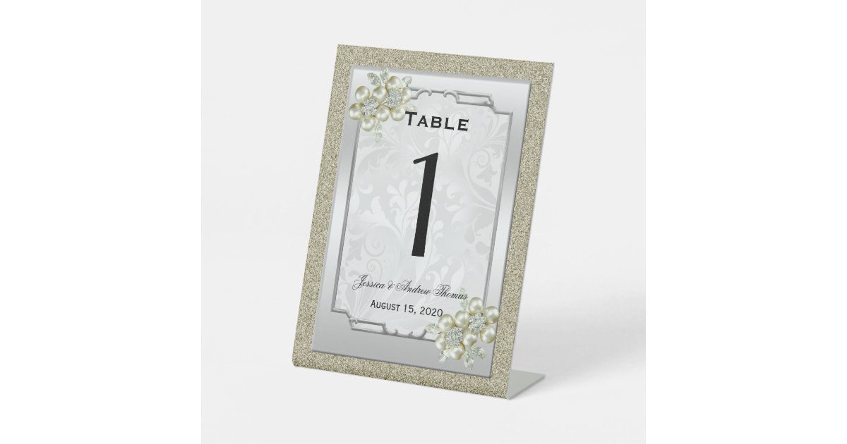 Floral Gem Silver Framed, Gold & Silver Wedding Pedestal Sign | Zazzle